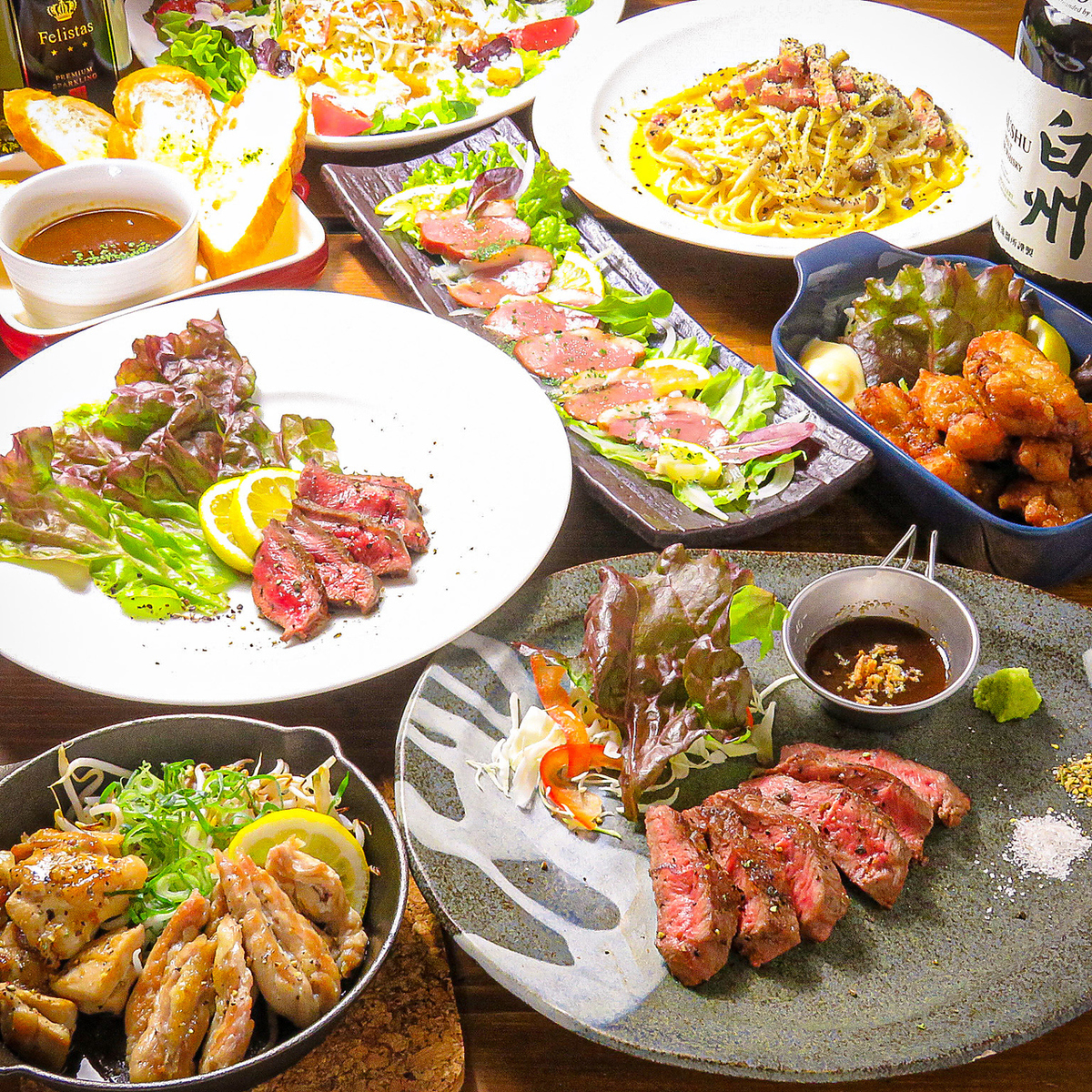 鉄板焼き2種/選べるステーキ2種など☆【選べるRe:Boneコース】5000円(税込)飲み放付 | 鉄板BASE Re:Bone