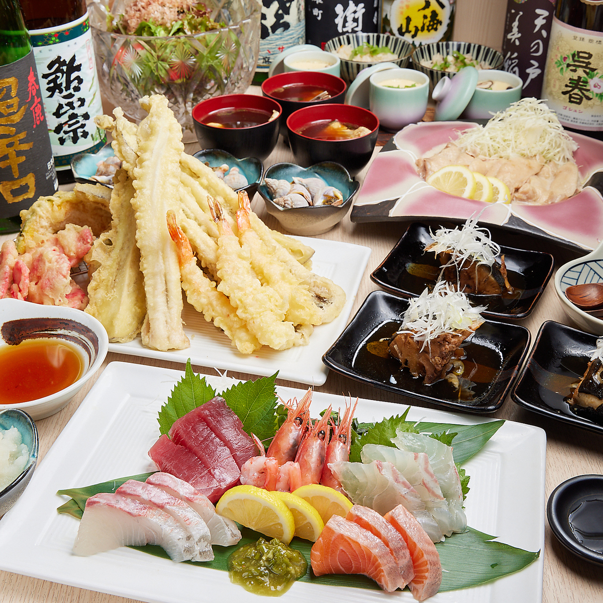 【120分飲放付(LO90分)】贅沢なひとときを♪お造り5種・天ぷら4種など《全9品》4500円 | 味処 鷹やん 十三本店