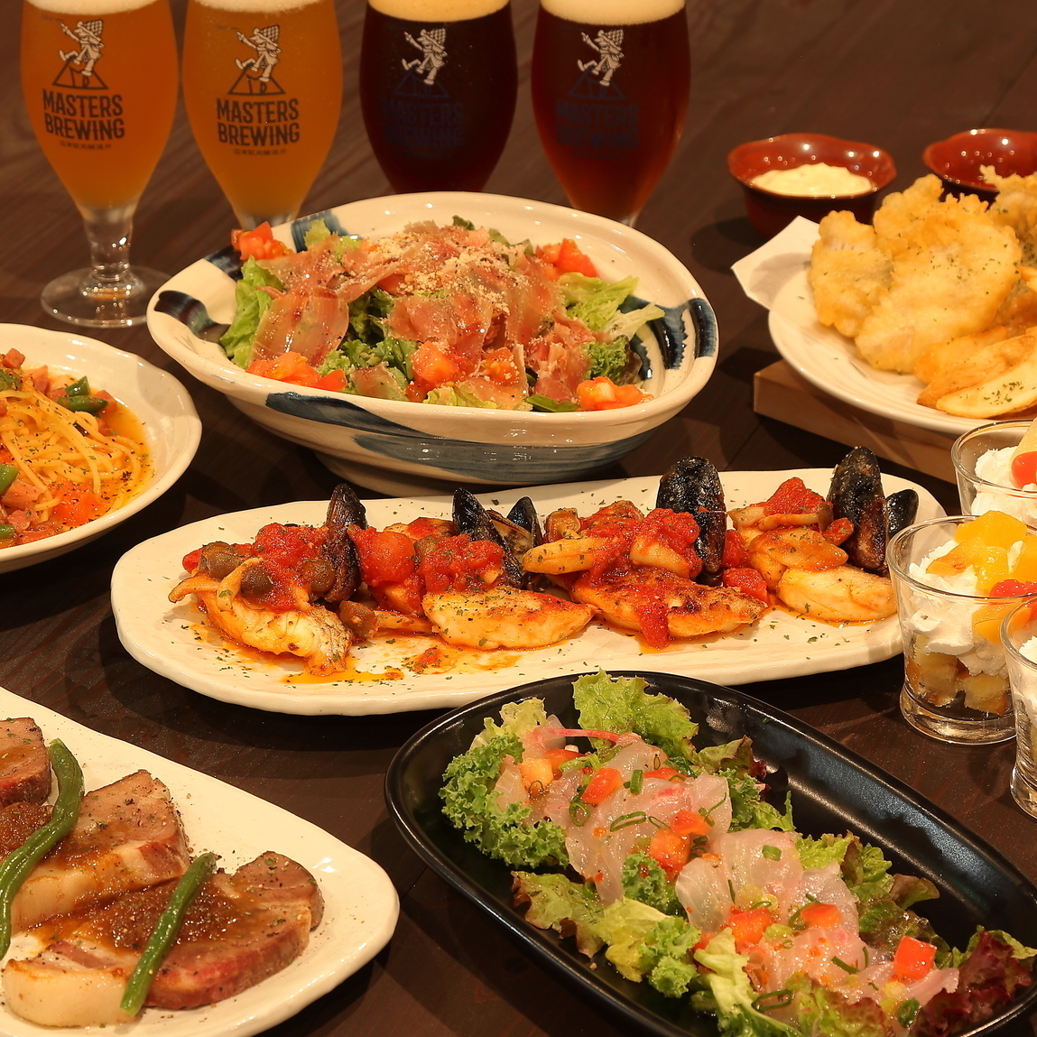 【2H飲み放題付き】スタンダードコース 魚も肉も大満足全6品5500円（税込） | Masters Brewing 2階のビアパブ